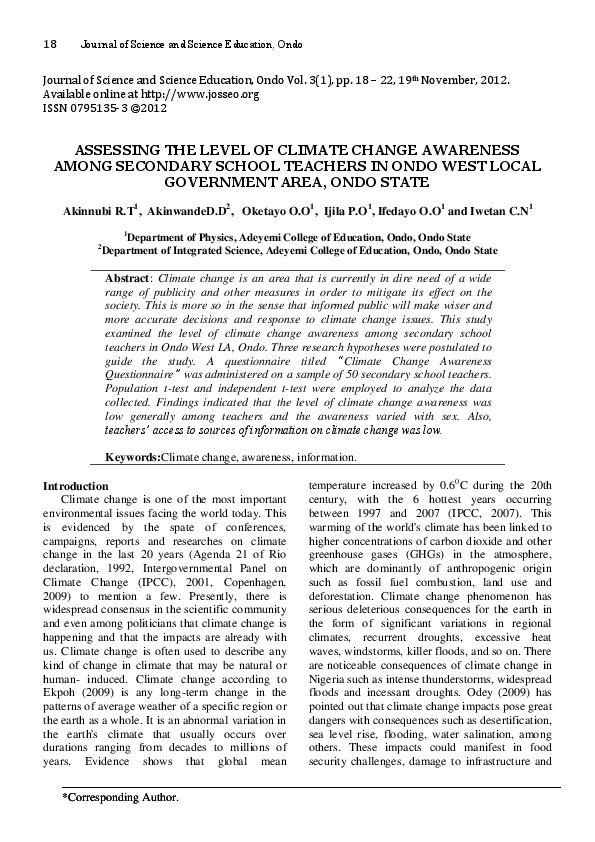 (PDF) ASSESSING THE LEVEL OF CLIMATE CHANGE AWARENESS AMONG SECONDARY ...
