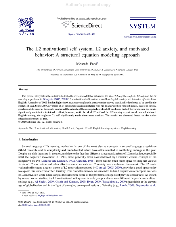 (PDF) The L2 motivational self system, L2 anxiety, and motivated behavior: A structural equation ...