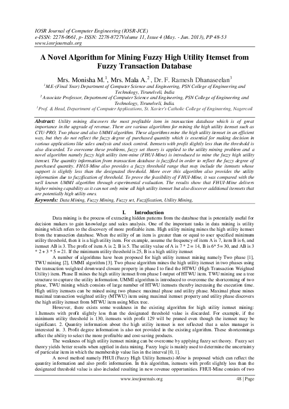 Pdf A Novel Algorithm For Mining Fuzzy High Utility Itemset From Fuzzy Transaction Database