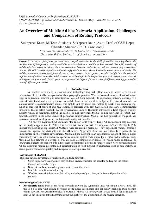 Pdf An Overview Of Mobile Ad Hoc Network Application Challenges And Comparison Of Routing