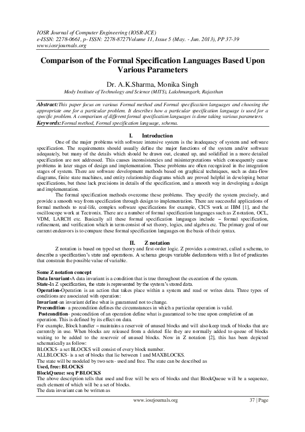 (PDF) Comparison of the Formal Specification Languages Based Upon ...