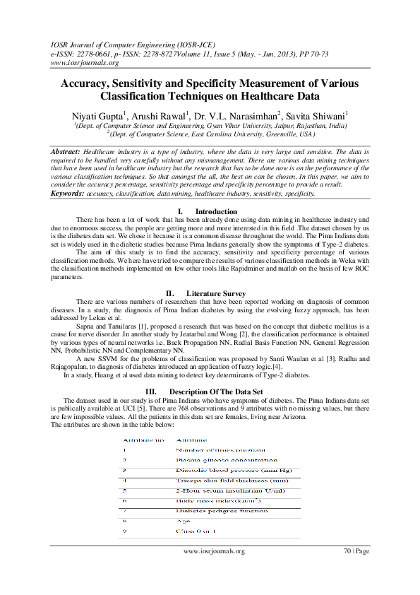 Pdf Accuracy Sensitivity And Specificity Measurement Of Various