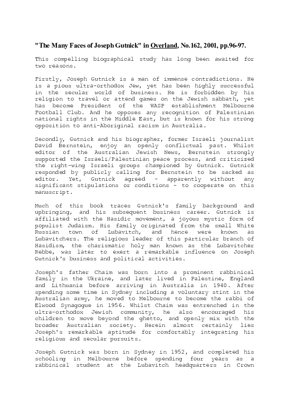 (DOC) "The Many Faces of Joseph Gutnick" in Overland, No.162, 2001, pp ...