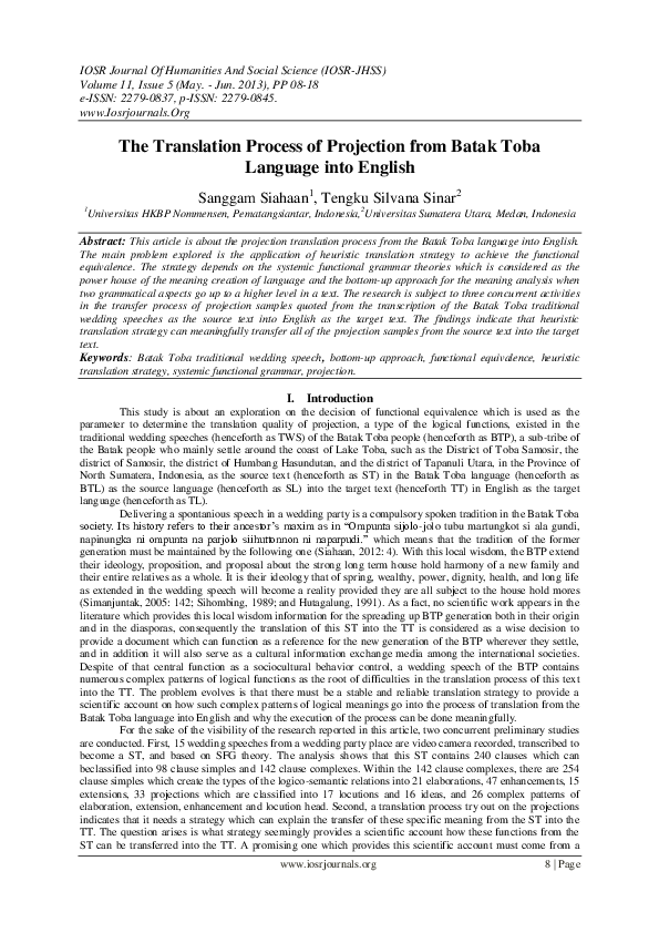 (PDF) The Translation Process of Projection from Batak Toba Language ...