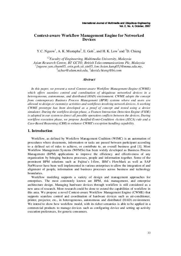 Context Aware Workflow Management Engine For Networked Devices