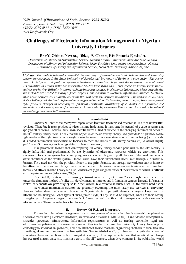 (PDF) Challenges of Electronic Information Management in Nigerian University Libraries