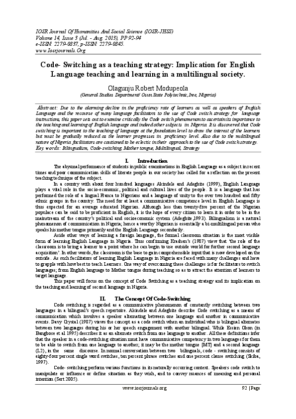 (PDF) Code-Switching as a teaching strategy: Implication for English ...