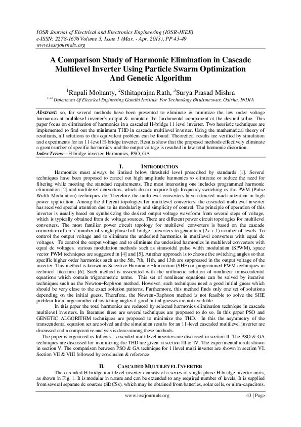 (PDF) A Comparison Study of Harmonic Elimination in Cascade Multilevel Inverter Using Particle ...