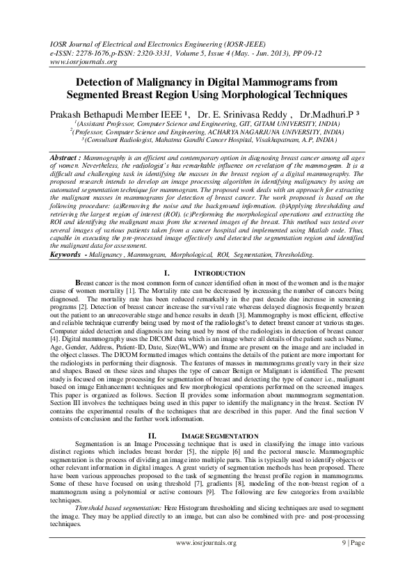 Pdf Detection Of Malignancy In Digital Mammograms From Segmented Breast Region Using
