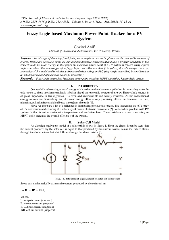 Pdf Irjet Maximum Power Point Tracking From Pv Panel Using Fuzzy Logic Controller Irjet