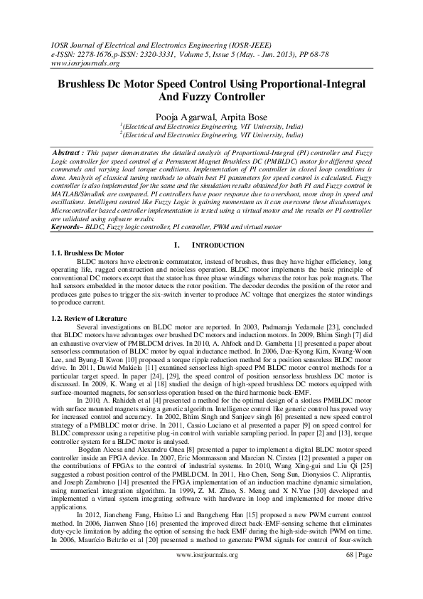 Pdf Brushless Dc Motor Speed Control Using Proportional Integral And Fuzzy Controller