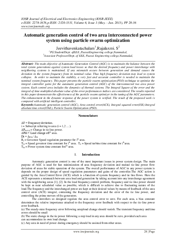 Pdf Automatic Generation Control Of Two Area Interconnected Power System Using Particle Swarm