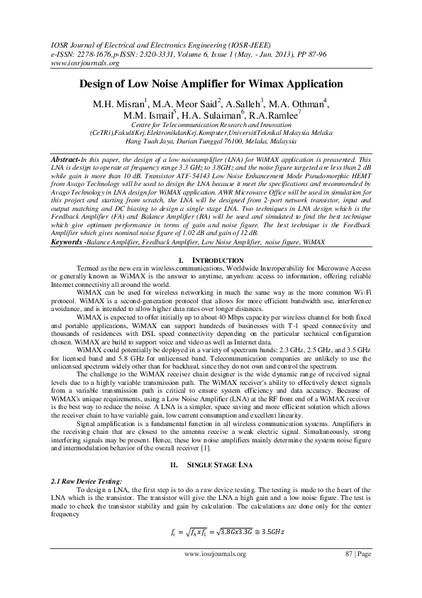 (PDF) Design of Low Noise Amplifier for Wimax Application
