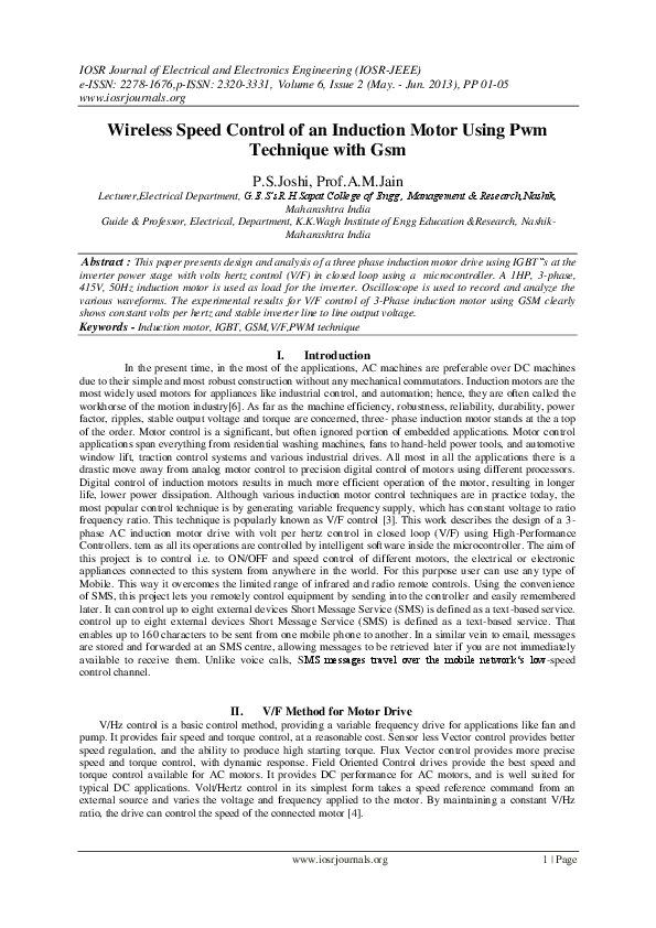 (PDF) Wireless Speed Control of an Induction Motor Using Pwm Technique with Gsm