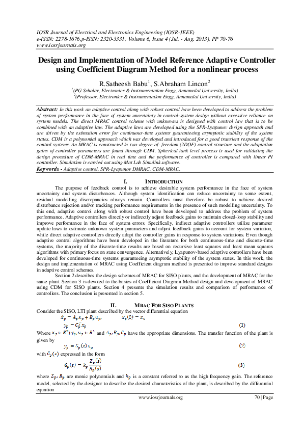 Pdf Design And Implementation Of Model Reference Adaptive Controller Using Coefficient Diagram