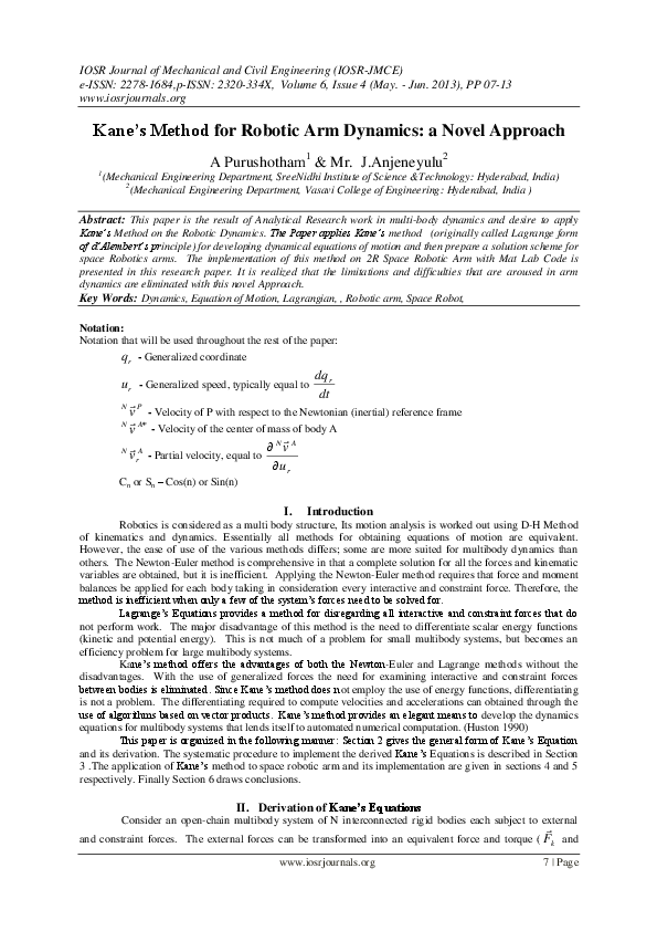 (PDF) Kane's Method for Robotic Arm Dynamics: a Novel Approach