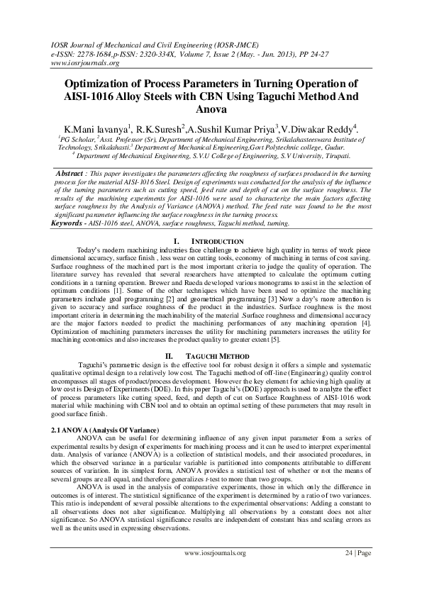 (PDF) Optimizing Turning Process of AISI-1016 Steel: Taguchi & ANOVA