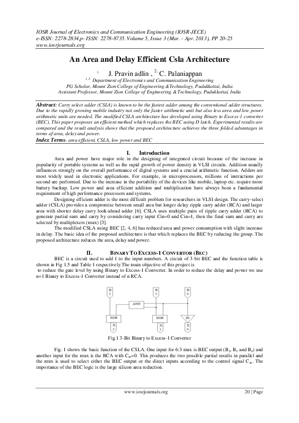 (PDF) An Area and Delay Efficient Csla Architecture