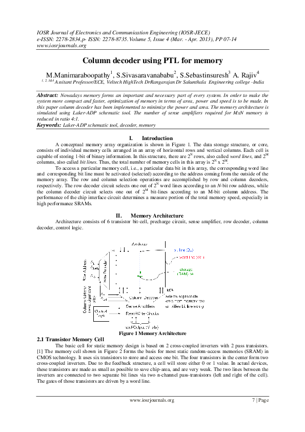 (PDF) Column decoder using PTL for memory