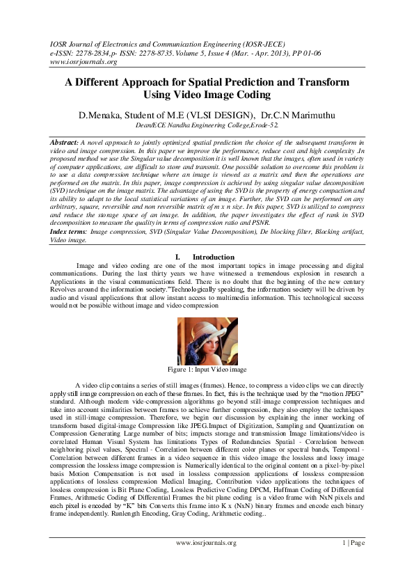 Pdf A Different Approach For Spatial Prediction And Transform Using Video Image Coding