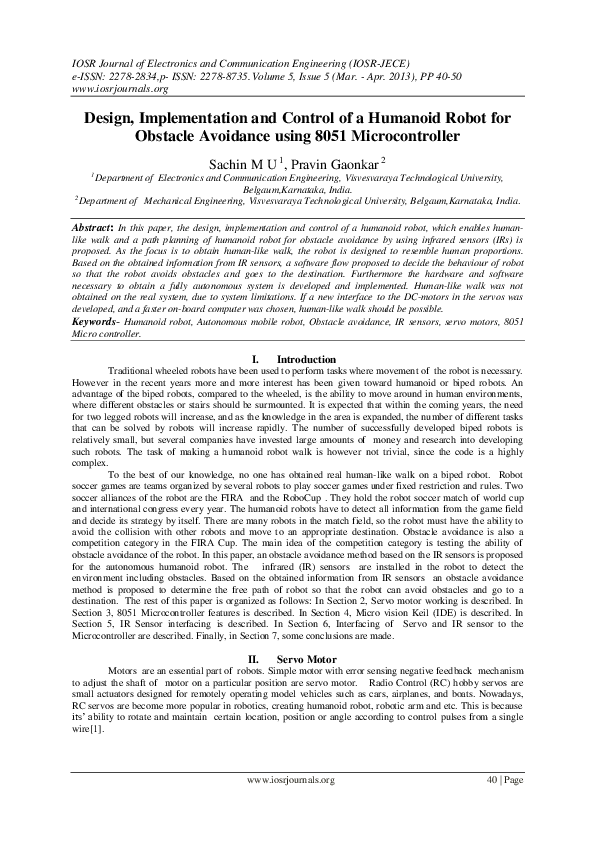 Pdf Design Implementation And Control Of A Humanoid Robot For Obstacle Avoidance Using 8051