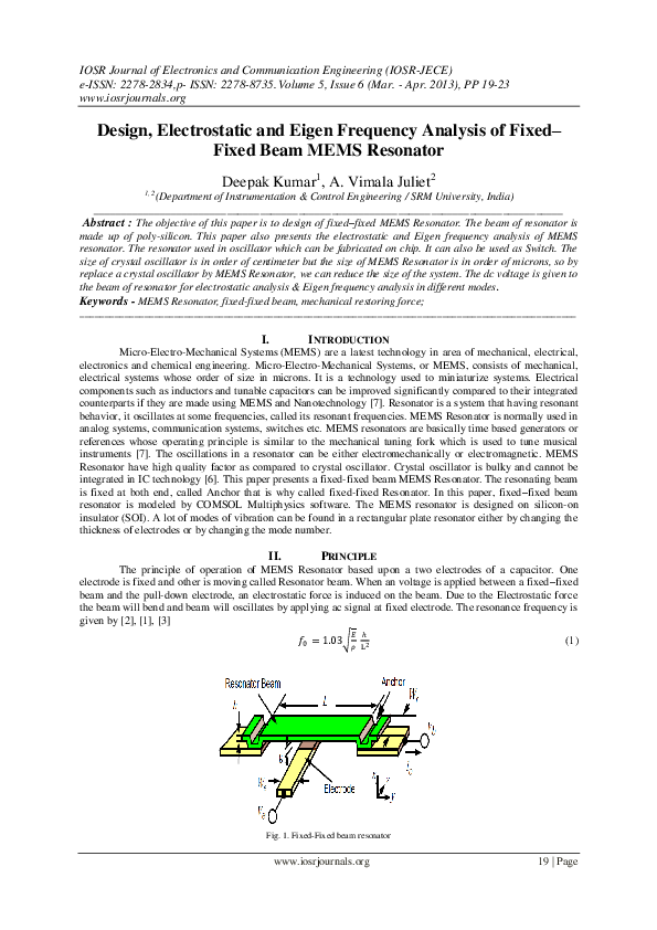 Pdf Design Electrostatic And Eigen Frequency Analysis Of Fixed Fixed Beam Mems Resonator