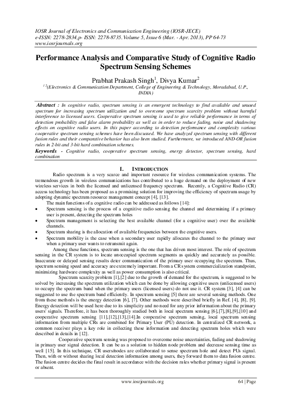 (PDF) Performance Analysis and Comparative Study of Cognitive Radio Spectrum Sensing Schemes