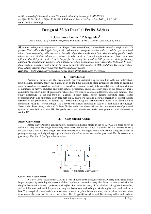 (PDF) Design of 32 bit Parallel Prefix Adders