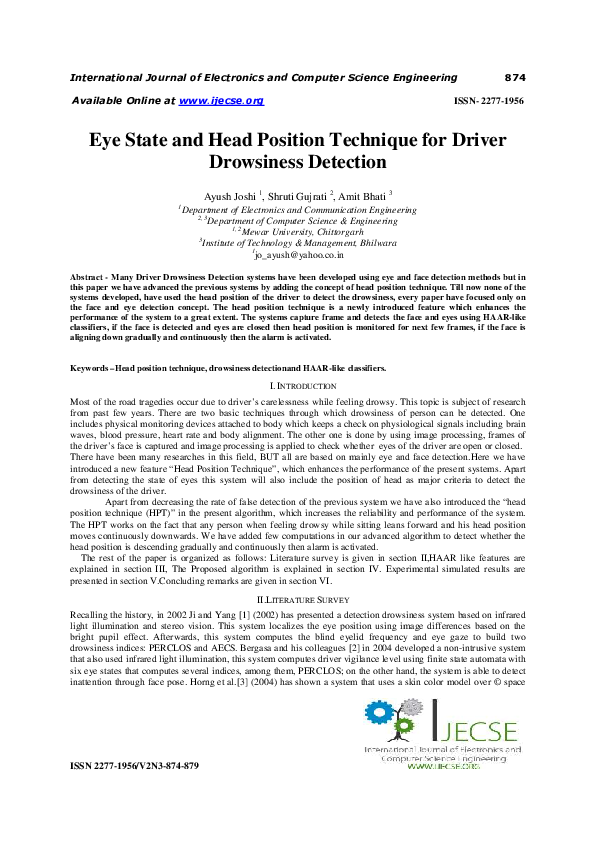 (PDF) Eye State and Head Position Technique for Driver Drowsiness Detection
