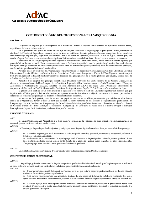 (PDF) CODI DEONTOLÒGIC DEL PROFESSIONAL DE L'ARQUEOLOGIA