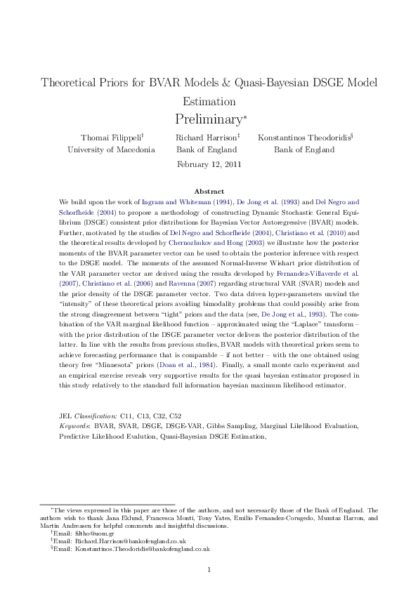 Pdf Theoretical Priors For Bvar Models And Quasi Bayesian Dsge Model Estimation