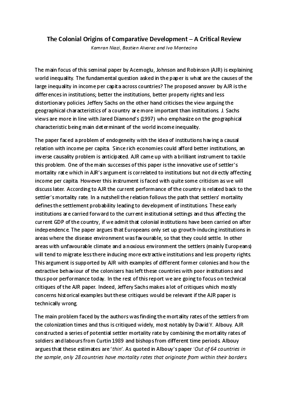 (PDF) The Colonial origins of Comparative Development - A critical review