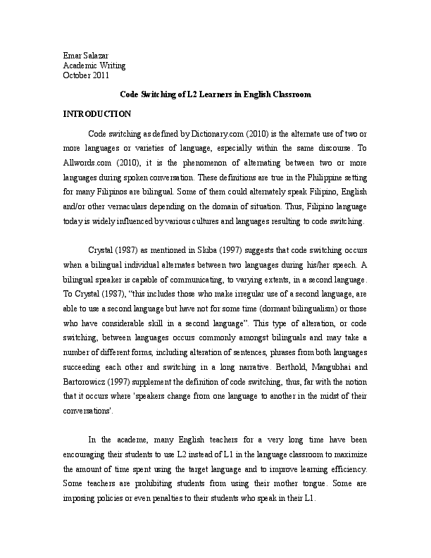 Doc Code Switching Of L2 Learners In English Classroom