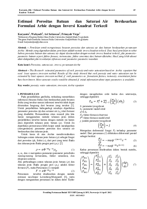 (PDF) Karyanto, dkk / Estimasi Porositas Batuan dan Saturasi Air ...