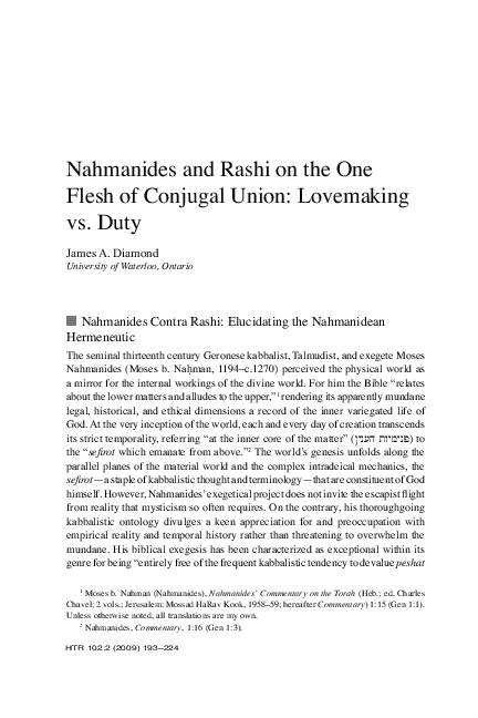 (PDF) Nahmanides and Rashi on the One Flesh of Conjugal Union ...