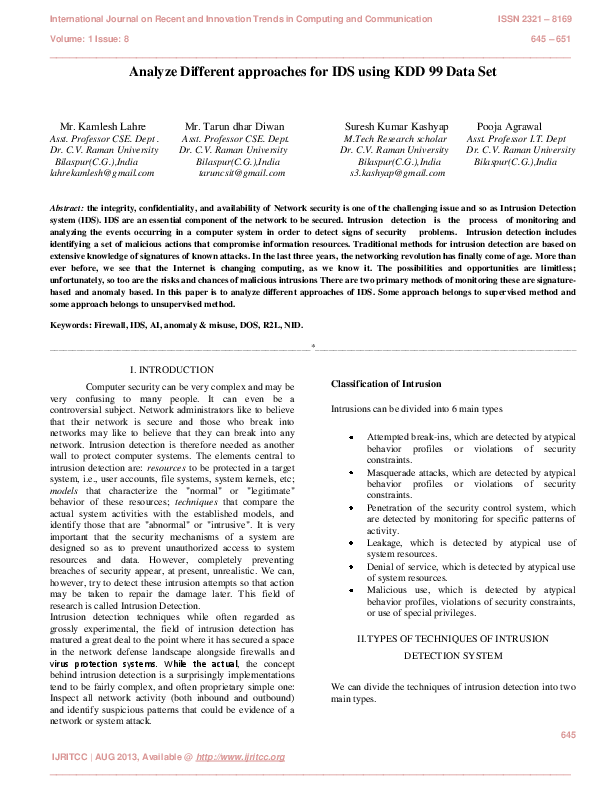 (PDF) Analyze Different approaches for IDS using KDD 99 Data Set