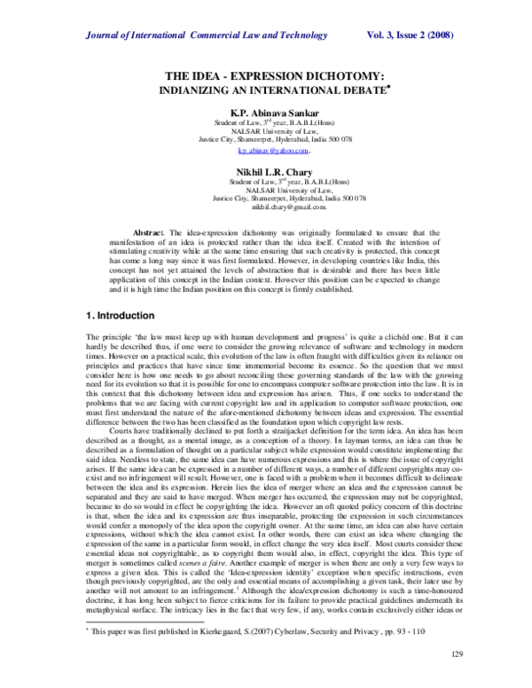 (PDF) THE IDEA -EXPRESSION DICHOTOMY: INDIANIZING AN INTERNATIONAL DEBATE