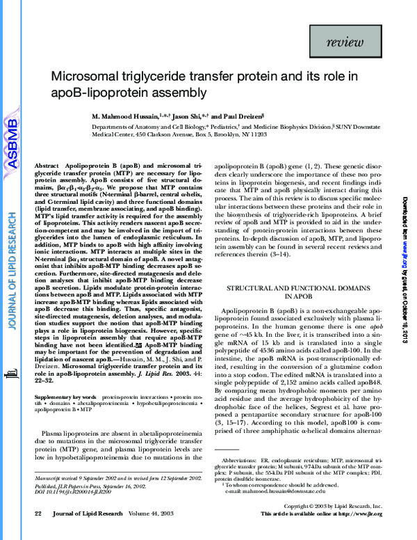 (PDF) Microsomal triglyceride transfer protein and its role in apoB ...