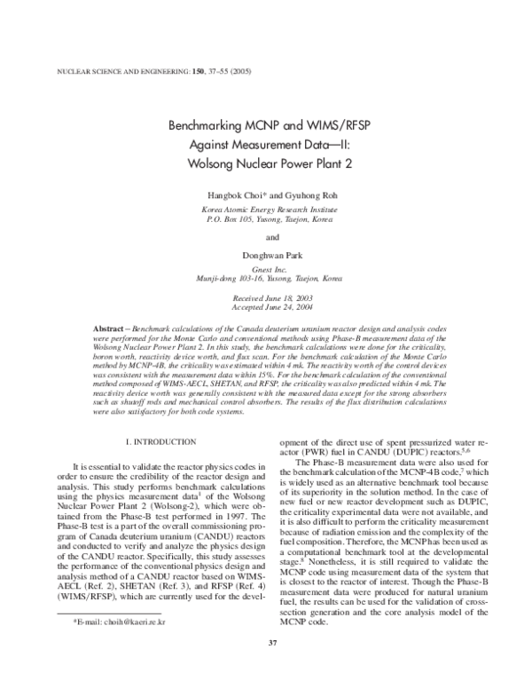 (PDF) Benchmarking MCNP and WIMS/RFSP Against Measurement Data—II: Wolsong Nuclear Power Plant 2