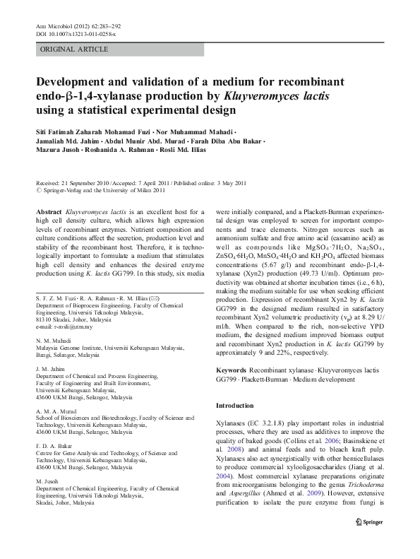 (PDF) Development and validation of a medium for recombinant endo-β-1,4-xylanase production by ...