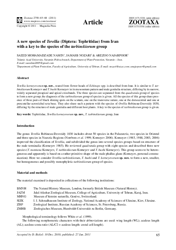 (PDF) A new species of Terellia (Diptera: Tephritidae) from Iran with a ...