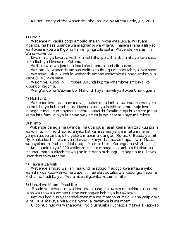 A Brief History of the Wabende Tribe as Told by Mtemi Beda by Gadiel ...