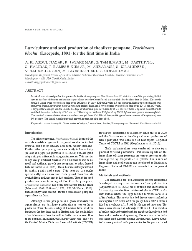 (PDF) Larviculture and seed production of the silver pompano ...