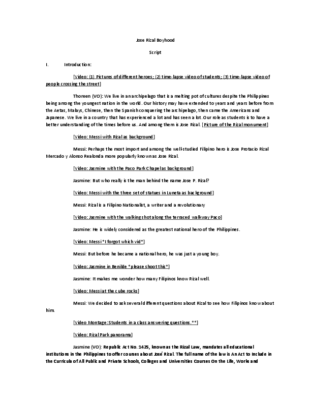 (DOC) Jose Rizal Boyhood Script I