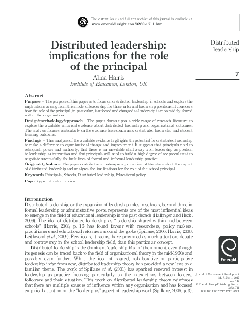 (PDF) Distributed leadership: implications for the role of the principal