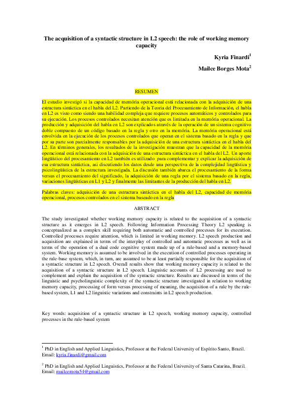 Pdf The Acquisition Of A Syntactic Structure In L2 Speech The Role Of Working Memory Capacity