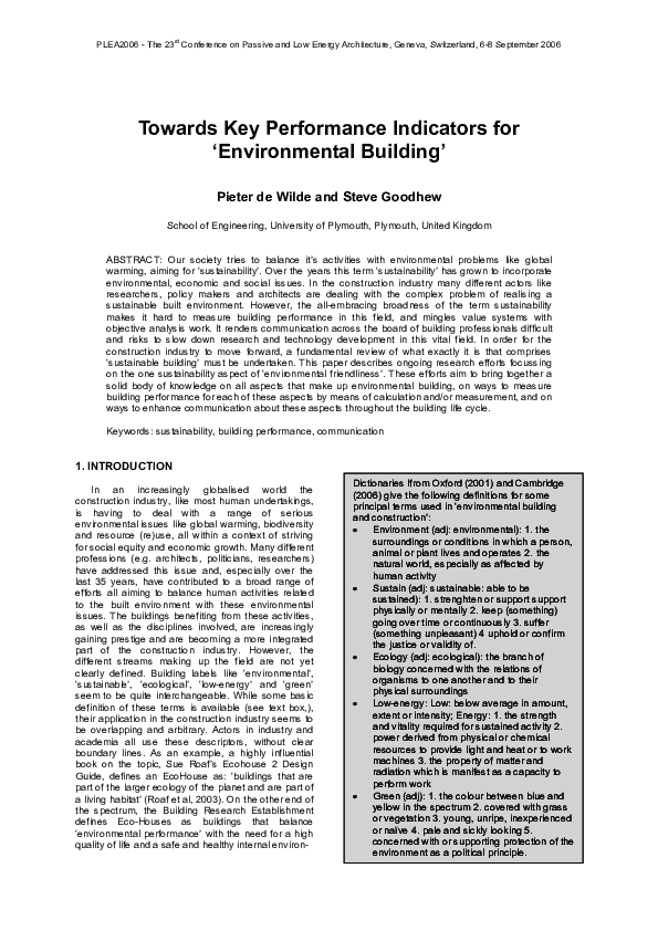 (PDF) Towards Key Performance Indicators for 'Environmental Building