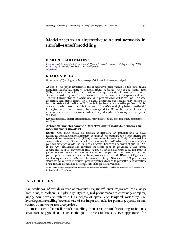 Pdf Model Trees As An Alternative To Neural Networks In Rainfall Runoff Modelling