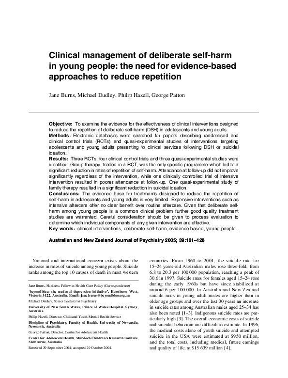 (PDF) Clinical management of deliberate self-harm in your people" the ...