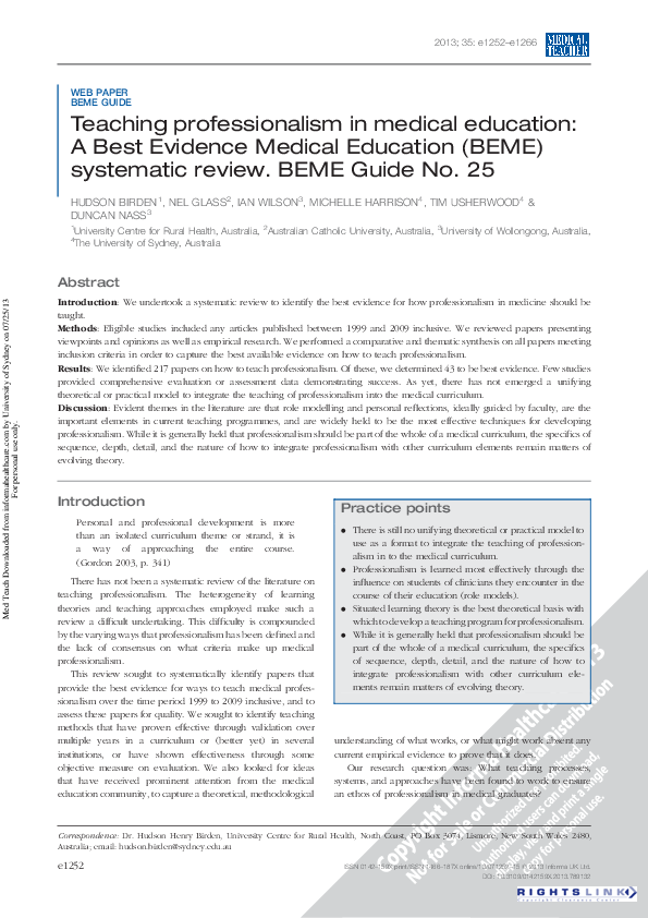 (PDF) 2 0 1 3 Teaching professionalism in medical education: A Best ...